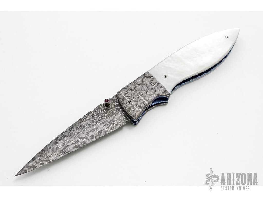 Damascus and Pearl Linerlock by Dale Reif Knives - Arizona Custom Knives