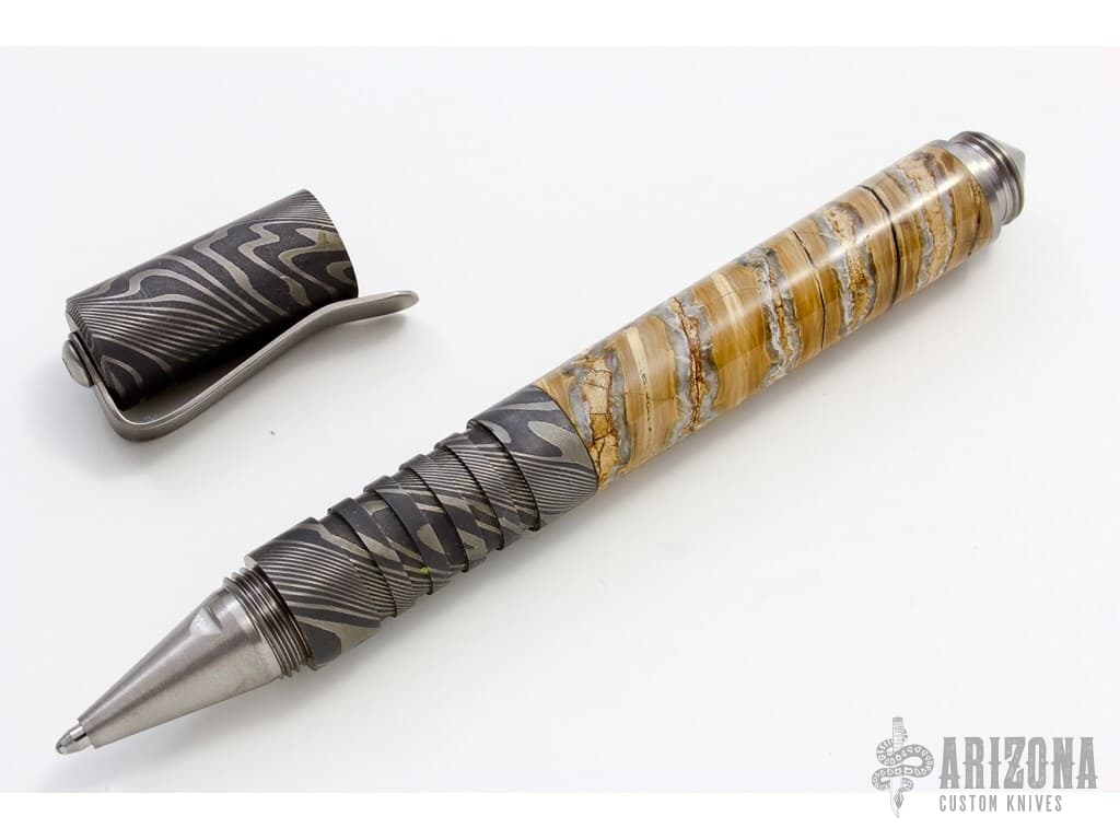 Tactical Pen - Damascus/Sandy Mammoth Tooth | Arizona Custom Knives