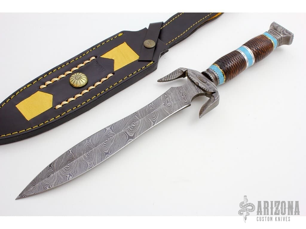 Damascus, Turquoise & Wood Dagger - Arizona Custom Knives
