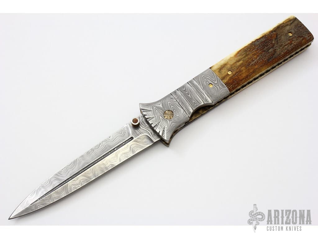 Damascus & Mammoth Folding Dagger - Arizona Custom Knives