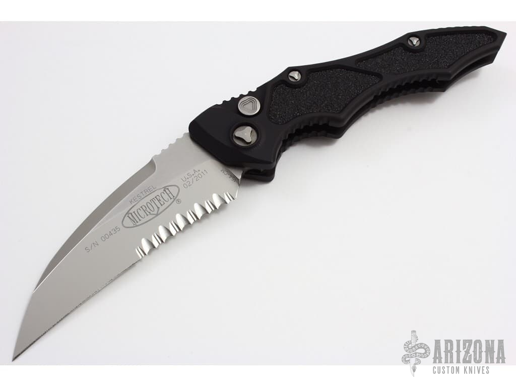 131-5 Kestrel Satin Serrated / Red Posts - Arizona Custom Knives