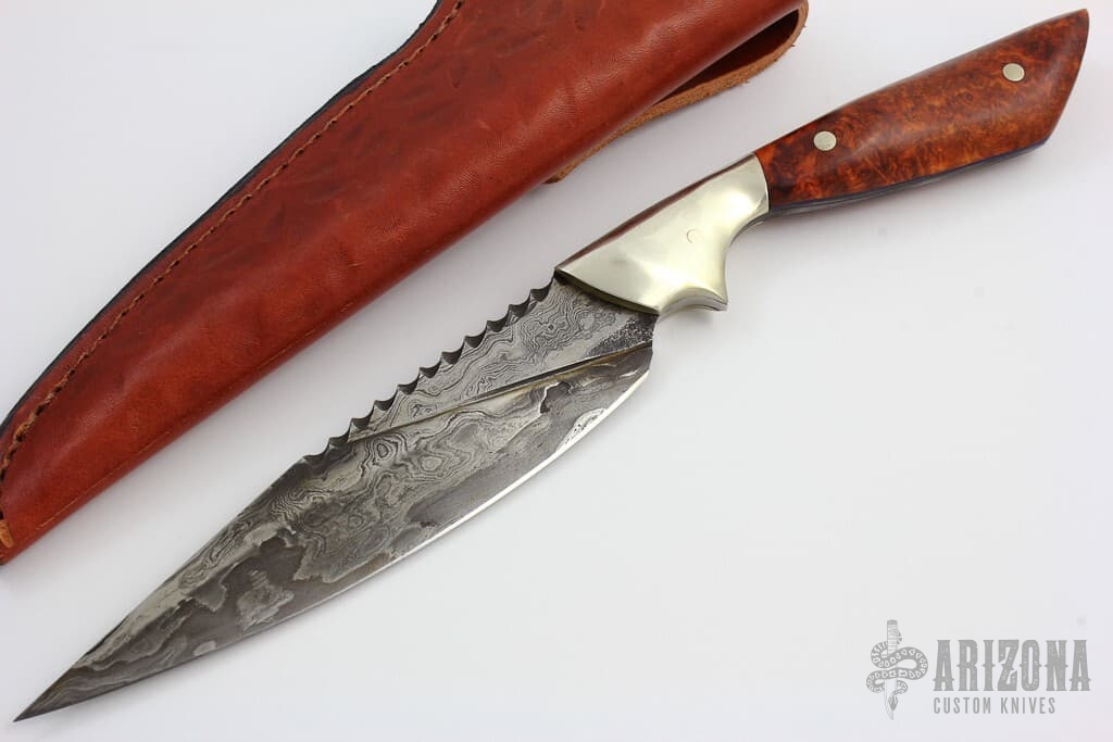 Damascus and Burl Wood Fighter - Arizona Custom Knives