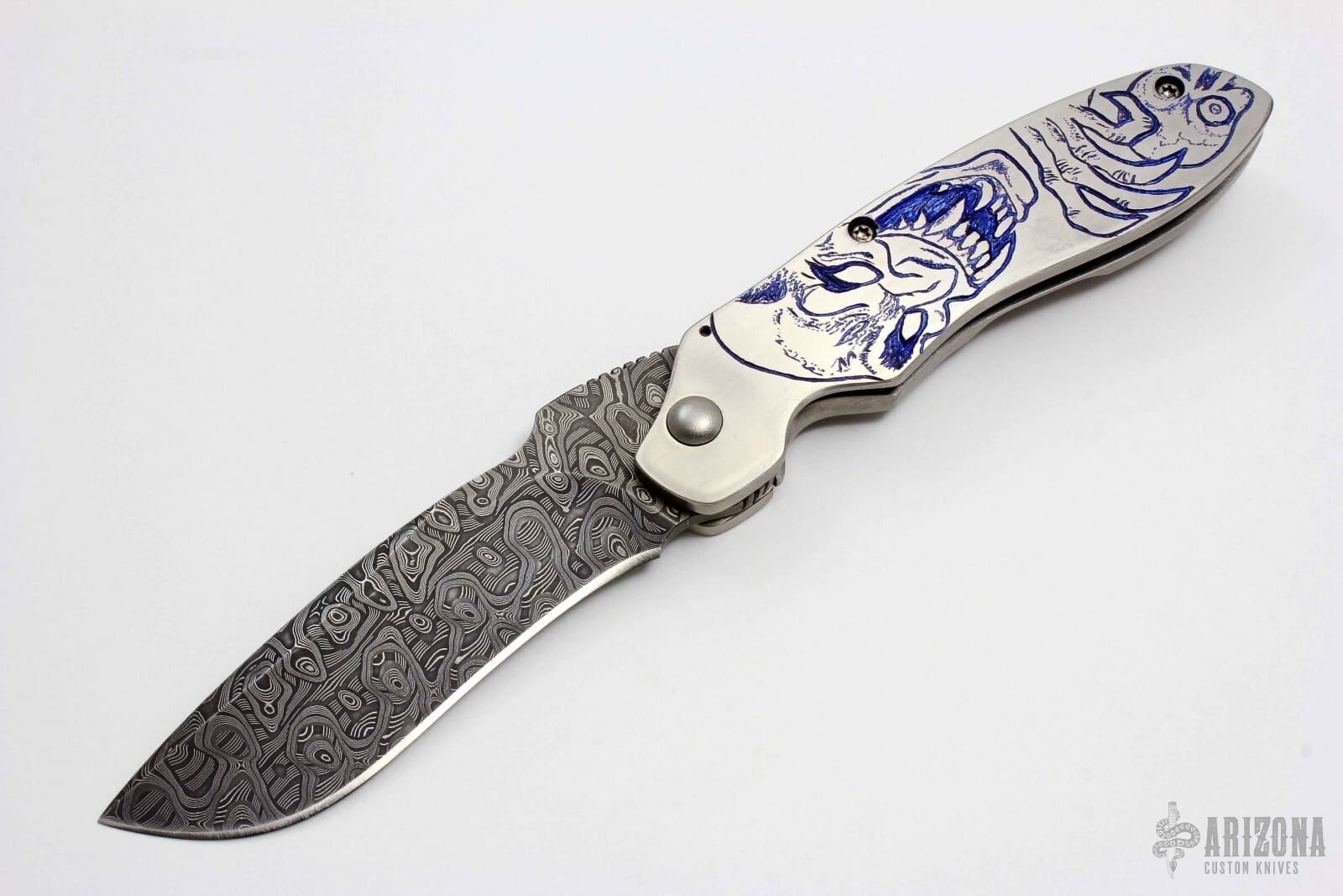Damascus Carved Flipper - Arizona Custom Knives