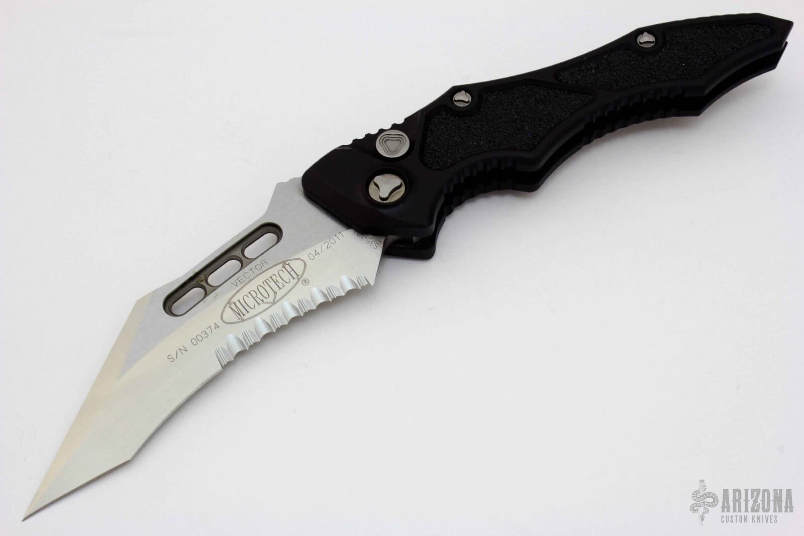 132-5 Vector Satin Serrated - Red Posts - Arizona Custom Knives