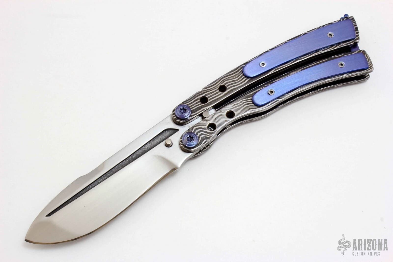 Lambo Balisong - Damascus and Blue Titanium - Arizona Custom Knives