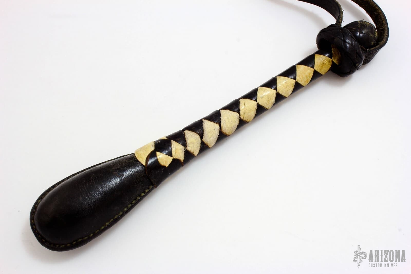 Black/White Leather Springloaded Blackjack w/ Strap - Arizona Custom Knives