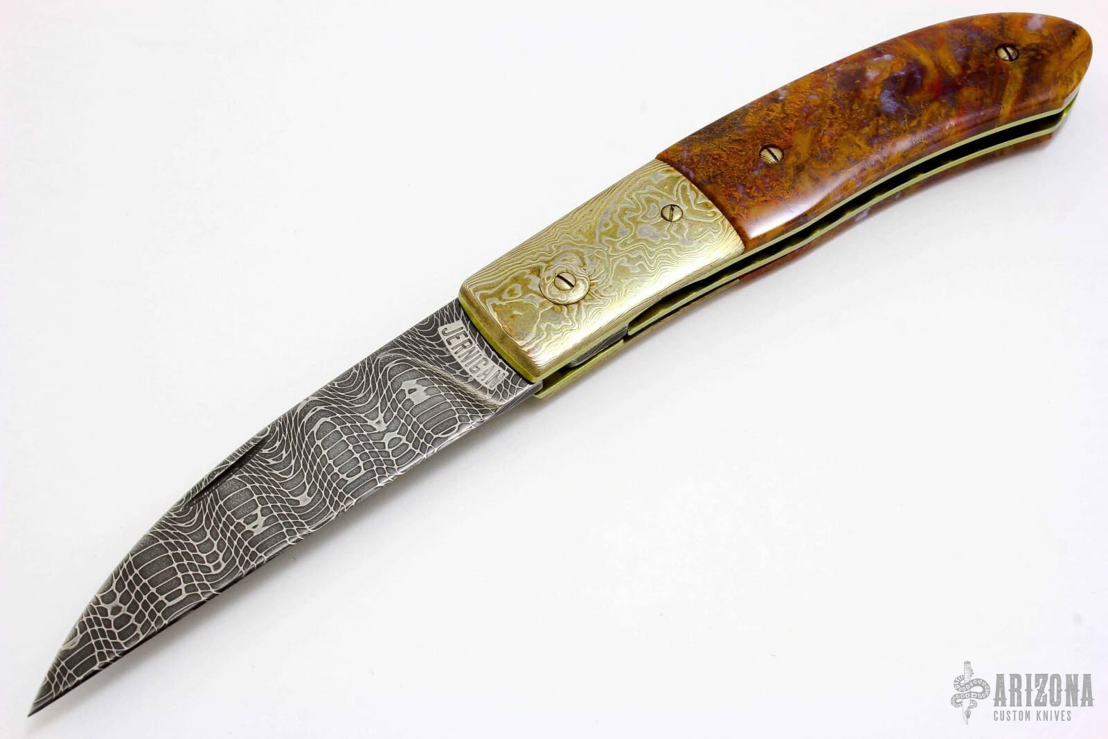 JJ-08 - Damascus/Mokume/Brown Moss Agate - Arizona Custom Knives