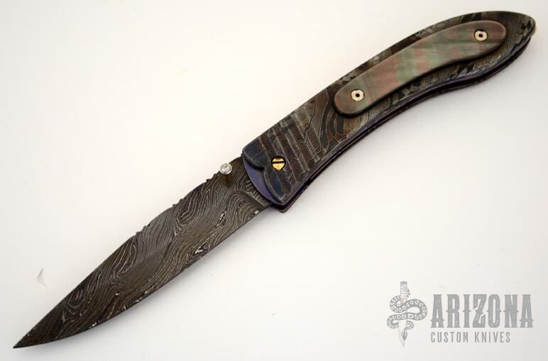 Damascus & Black Lip Pearl Folder-by-Dale-Reif - Arizona Custom Knives