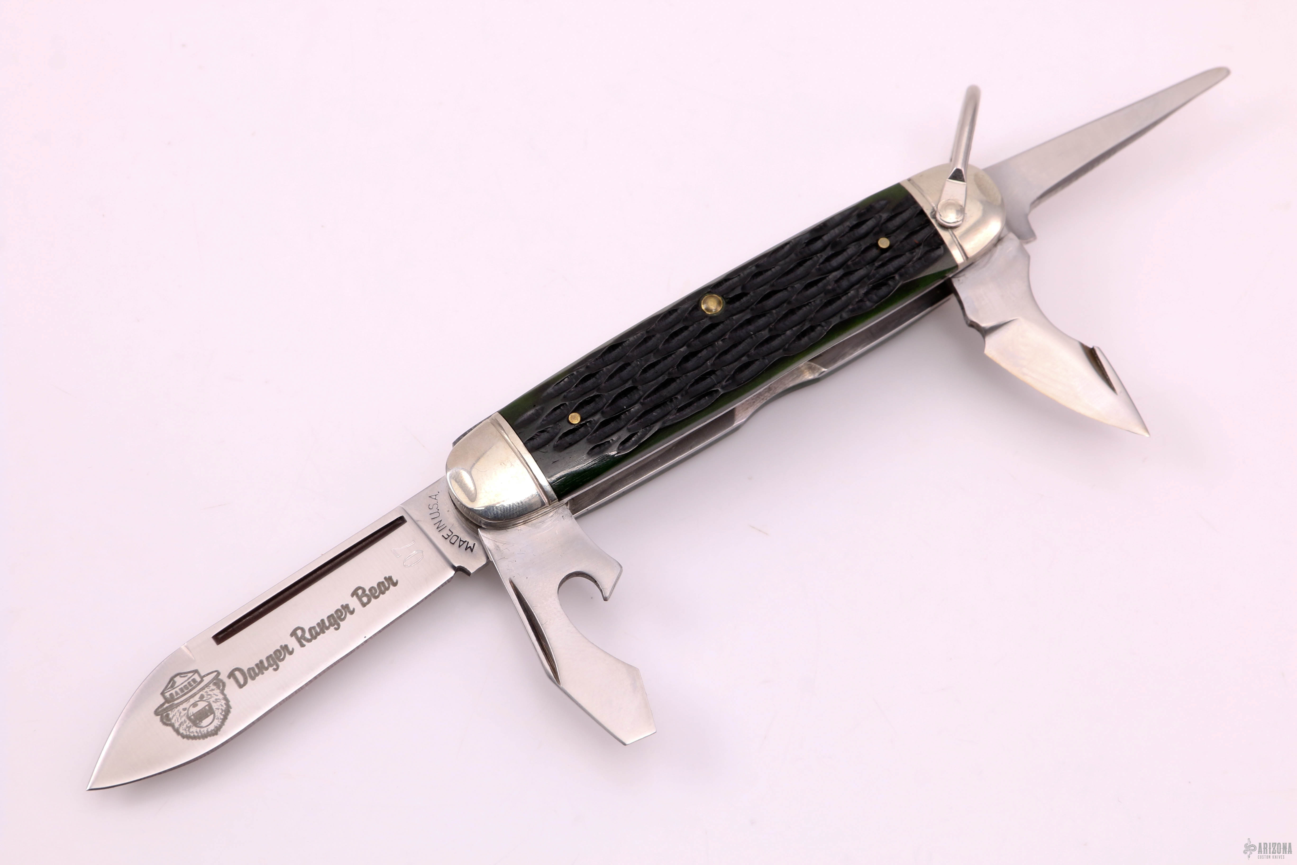 Danger Ranger Bear Scout Knife - Green Jigged Bone #7 - Arizona Custom ...