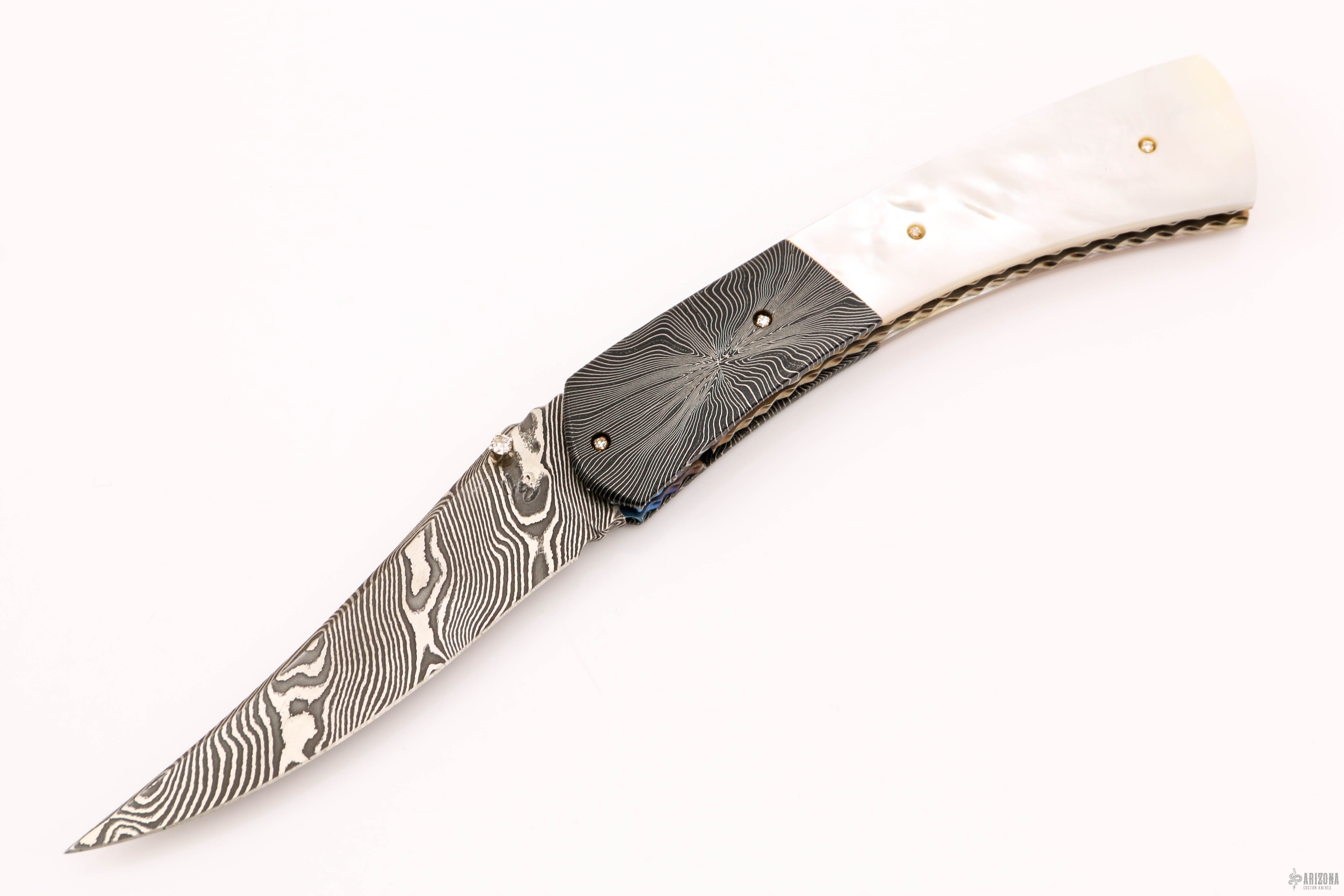 Damascus and Mother of Pearl Linerlock - 9 Diamonds - Arizona Custom Knives