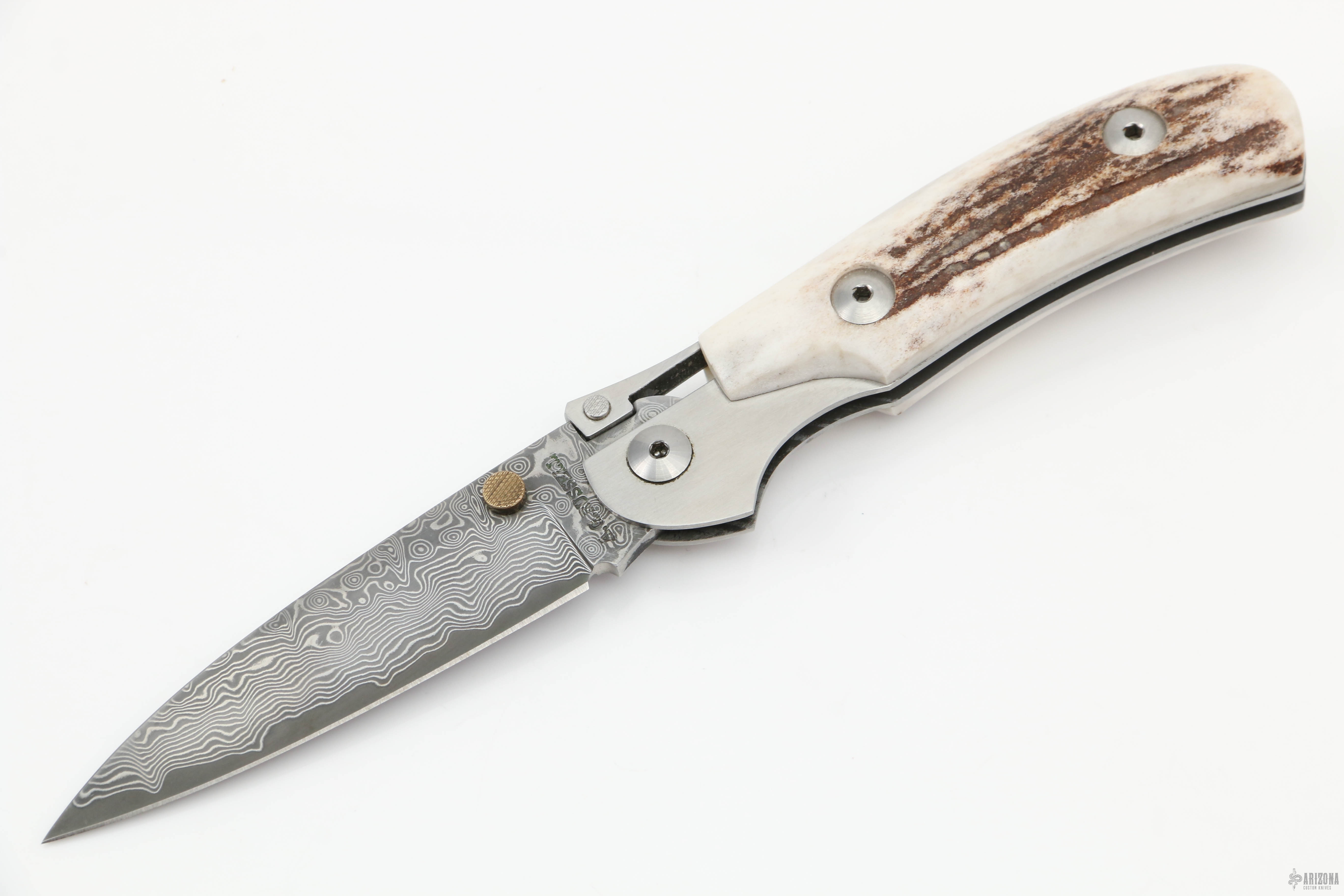 One Handed Knife - San Mai Damascus and Stag - Arizona Custom Knives