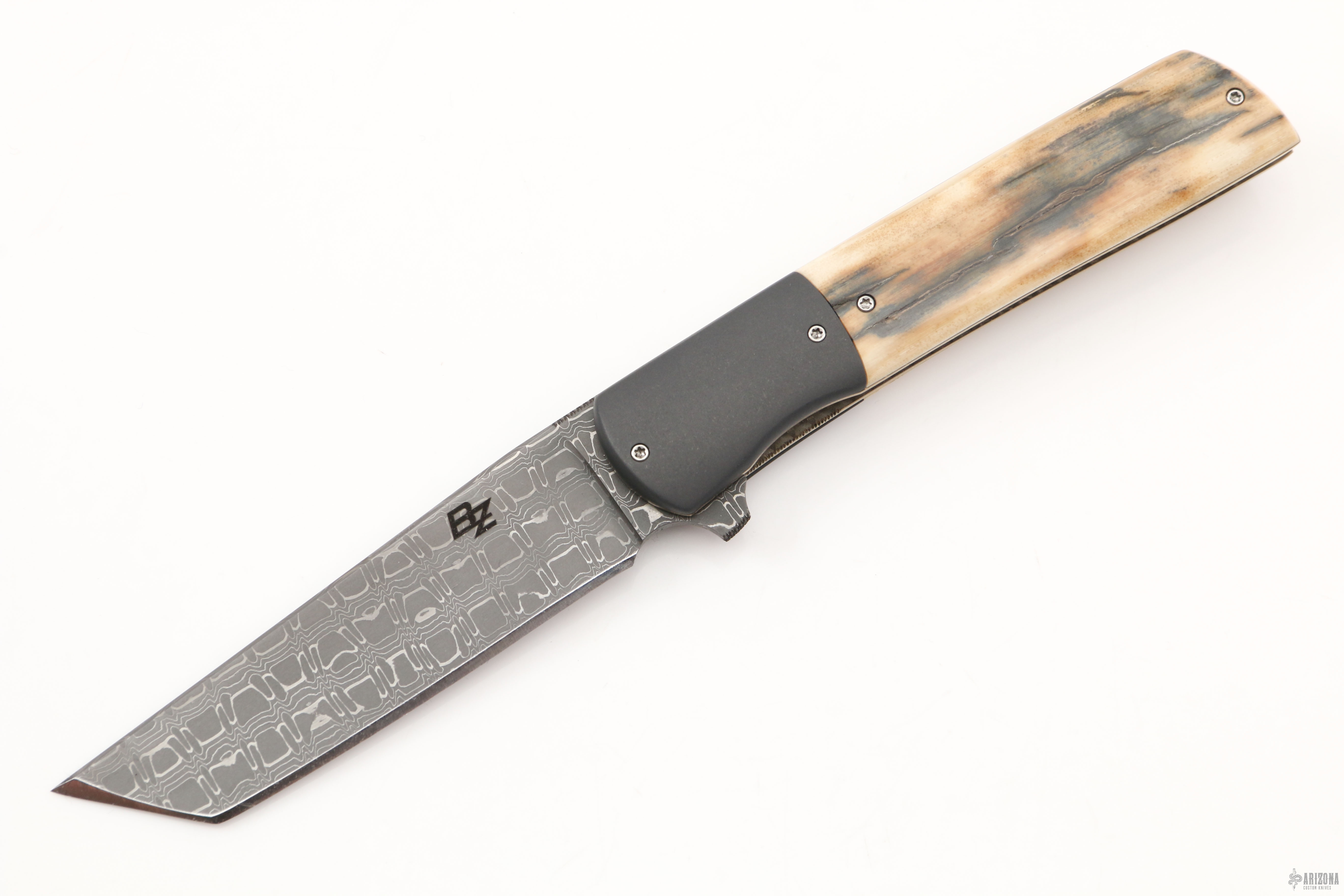 3.25" Urban Trapper Tanto Flipper - Damascus Zirconium and Mammoth ...