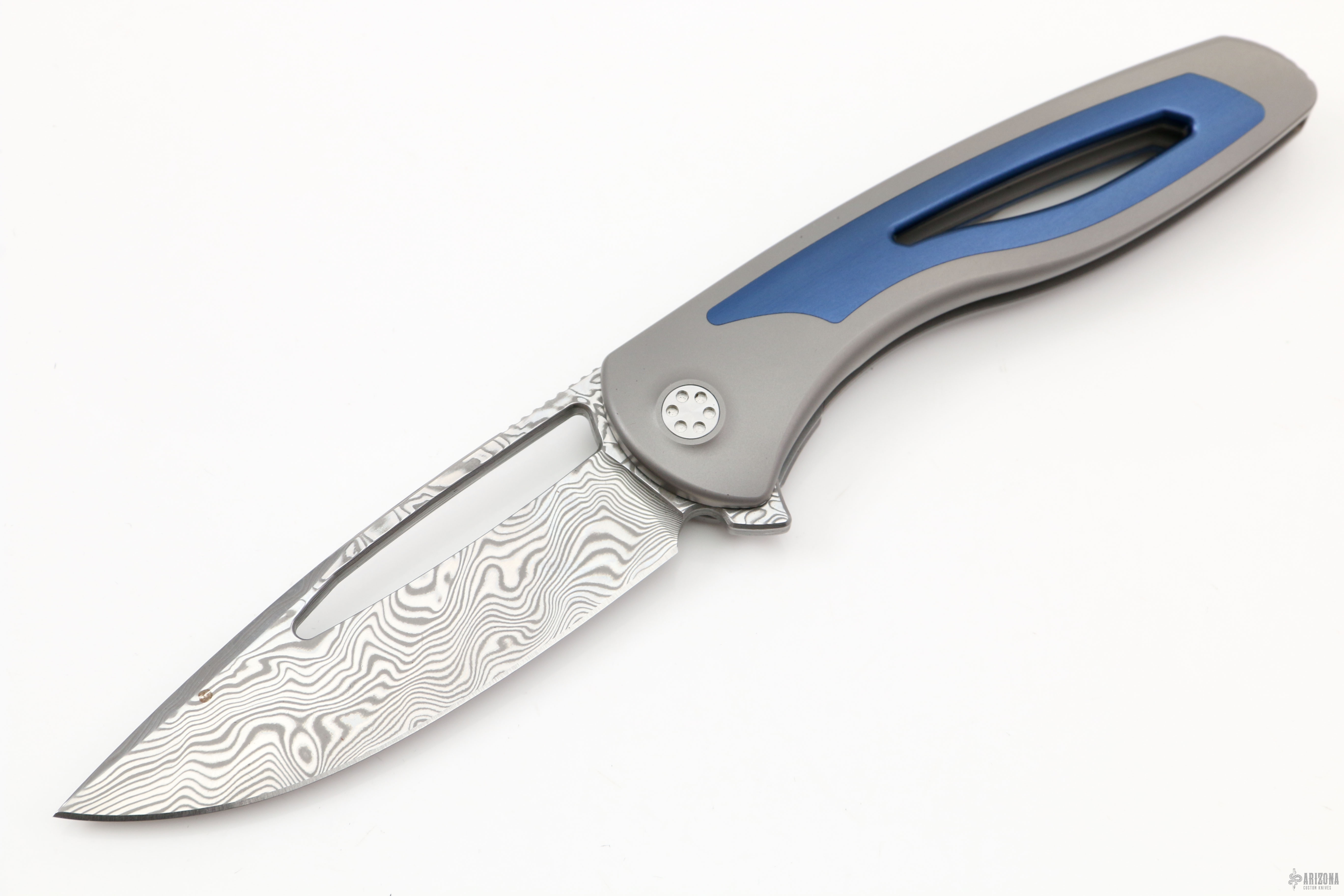 Apex Flipper - Drop Point - Grey/Blue - Damasteel - Arizona Custom Knives