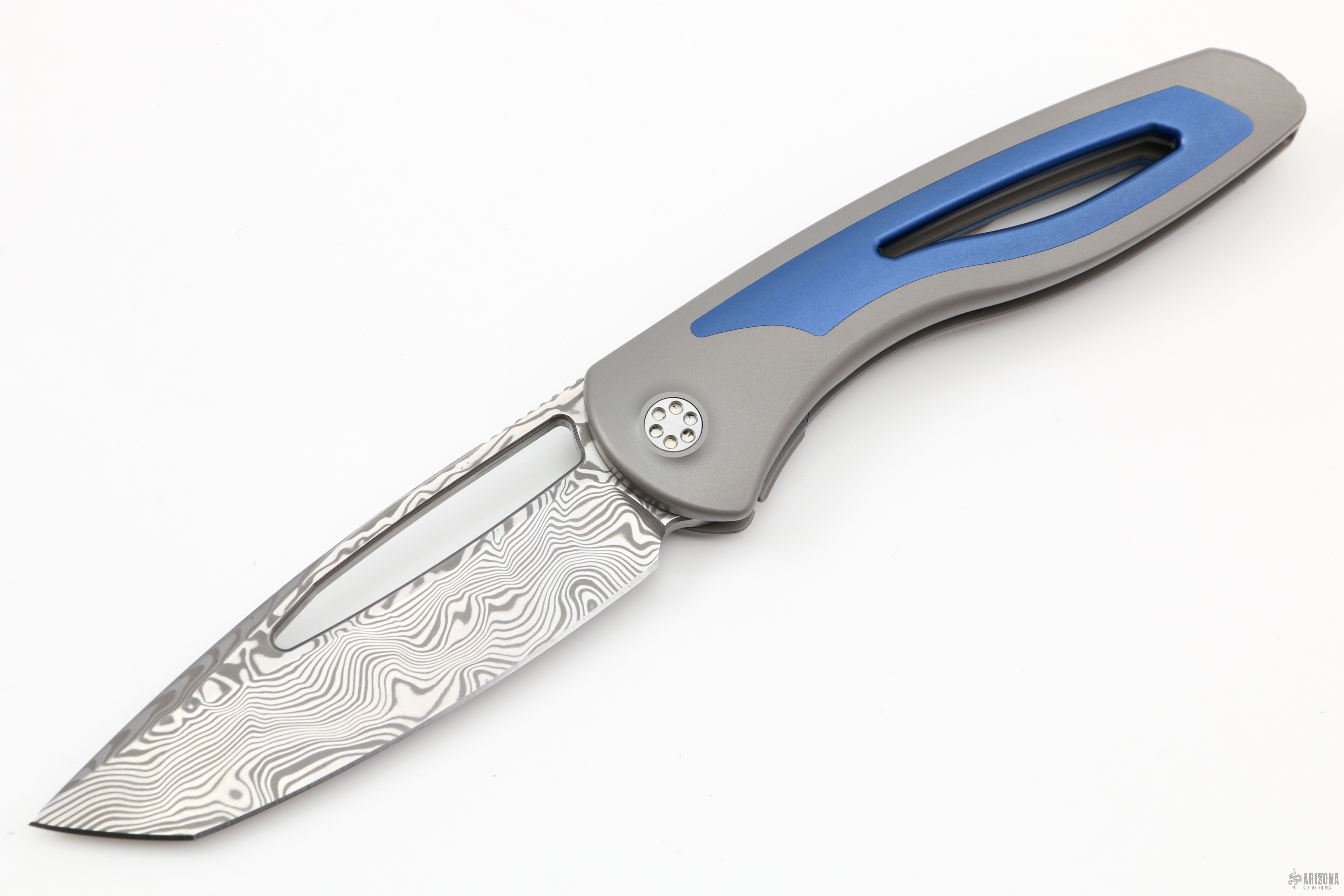Apex Front Flipper - Tanto - Grey/Blue - Damasteel - Arizona Custom Knives