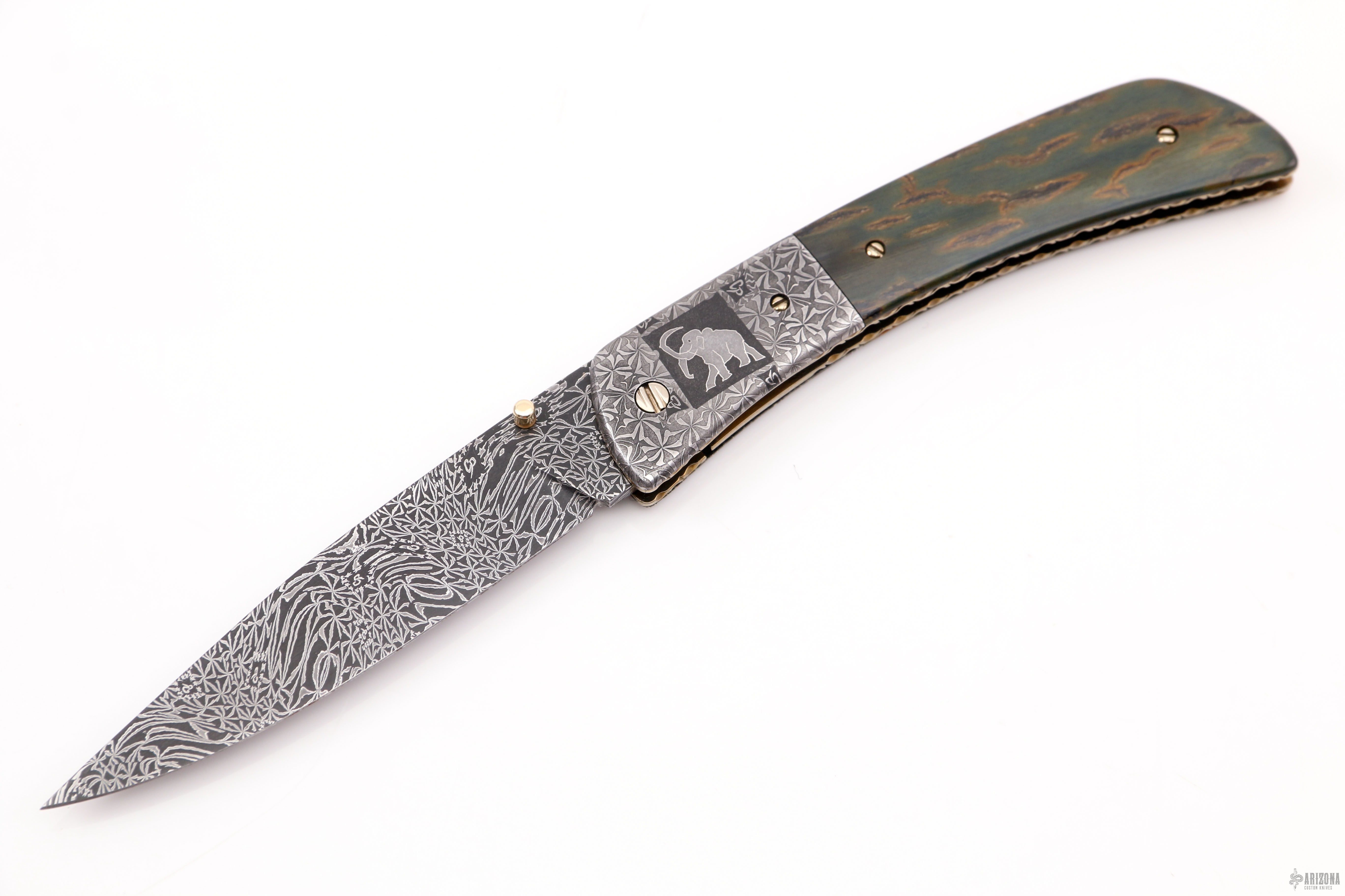 Damascus and Mammoth Ivory Linerlock - Arizona Custom Knives