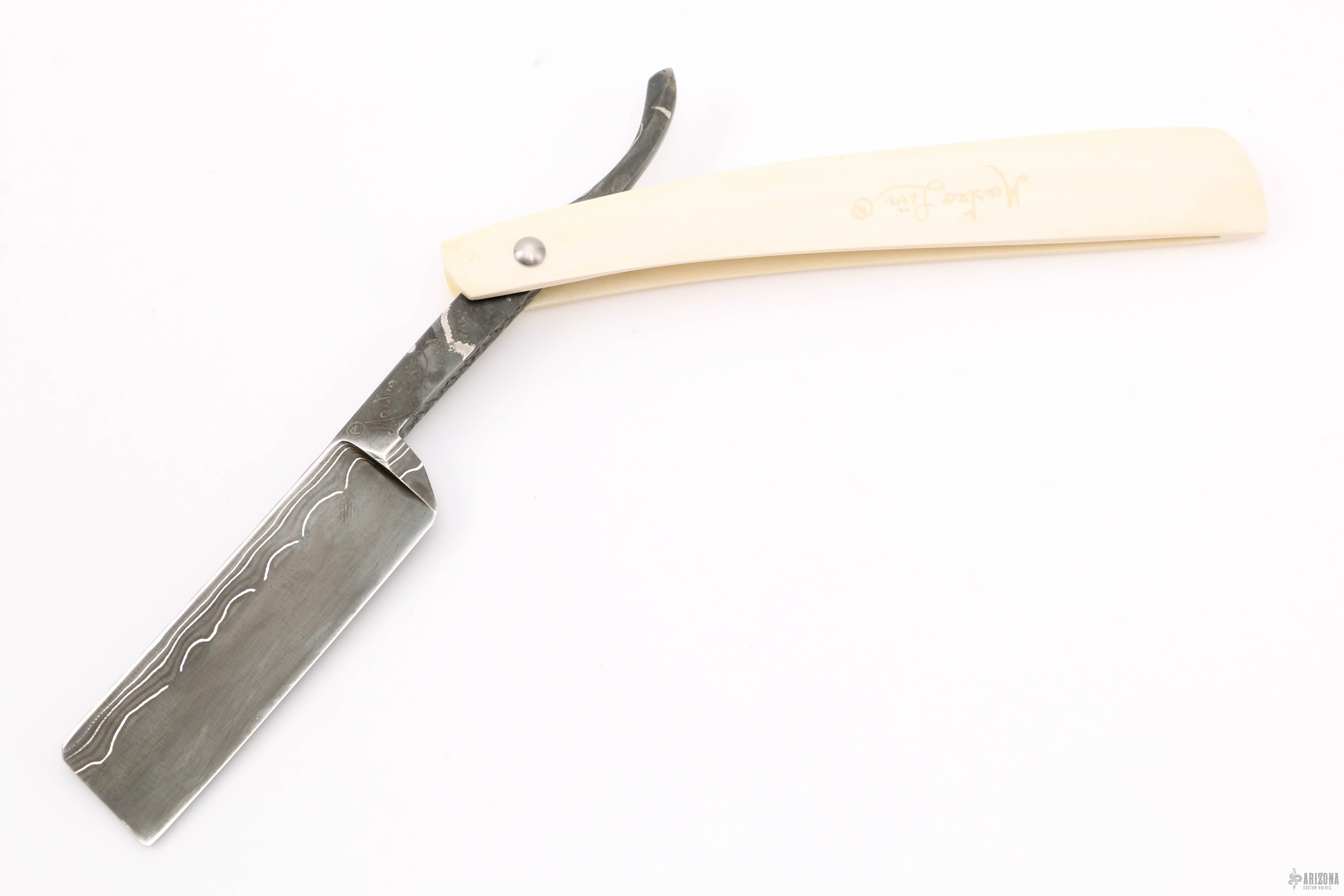 San Mai Damascus and Mammoth Ivory Straight Razor - Arizona Custom Knives