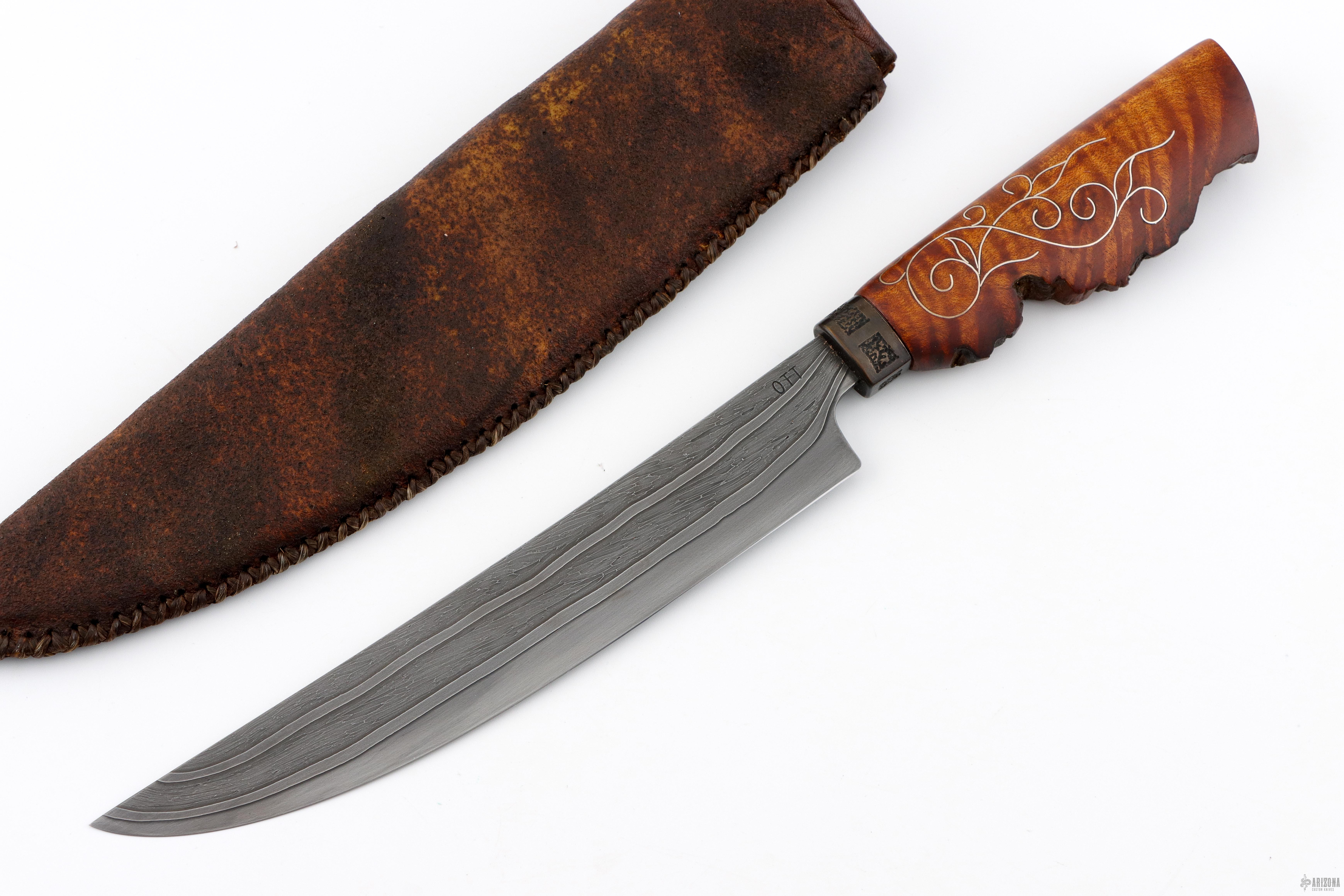Damascus Long Hunter w/ Silver Wire Inlay - Arizona Custom Knives