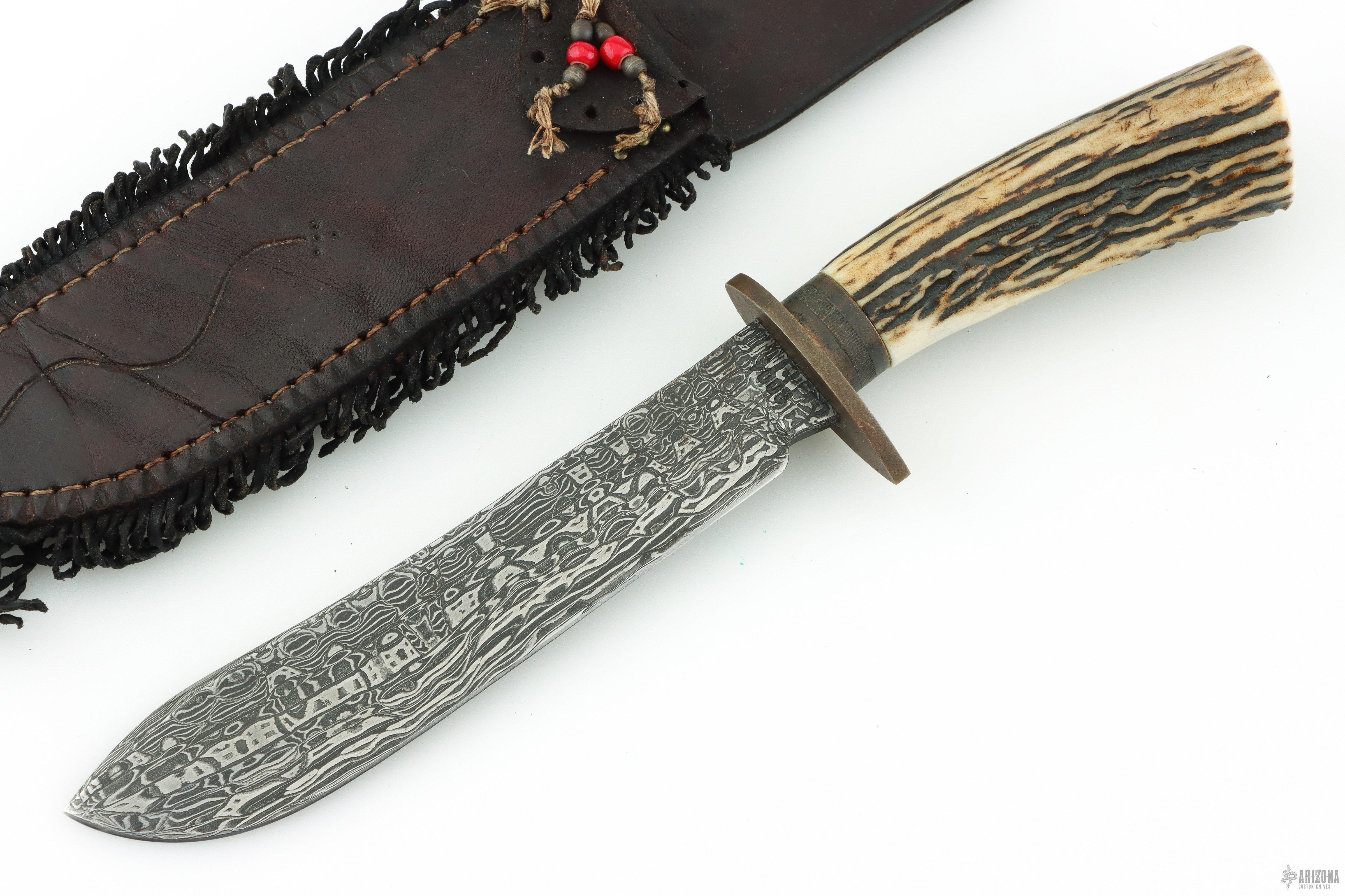 Damascus and Stag Large Hunter - Arizona Custom Knives
