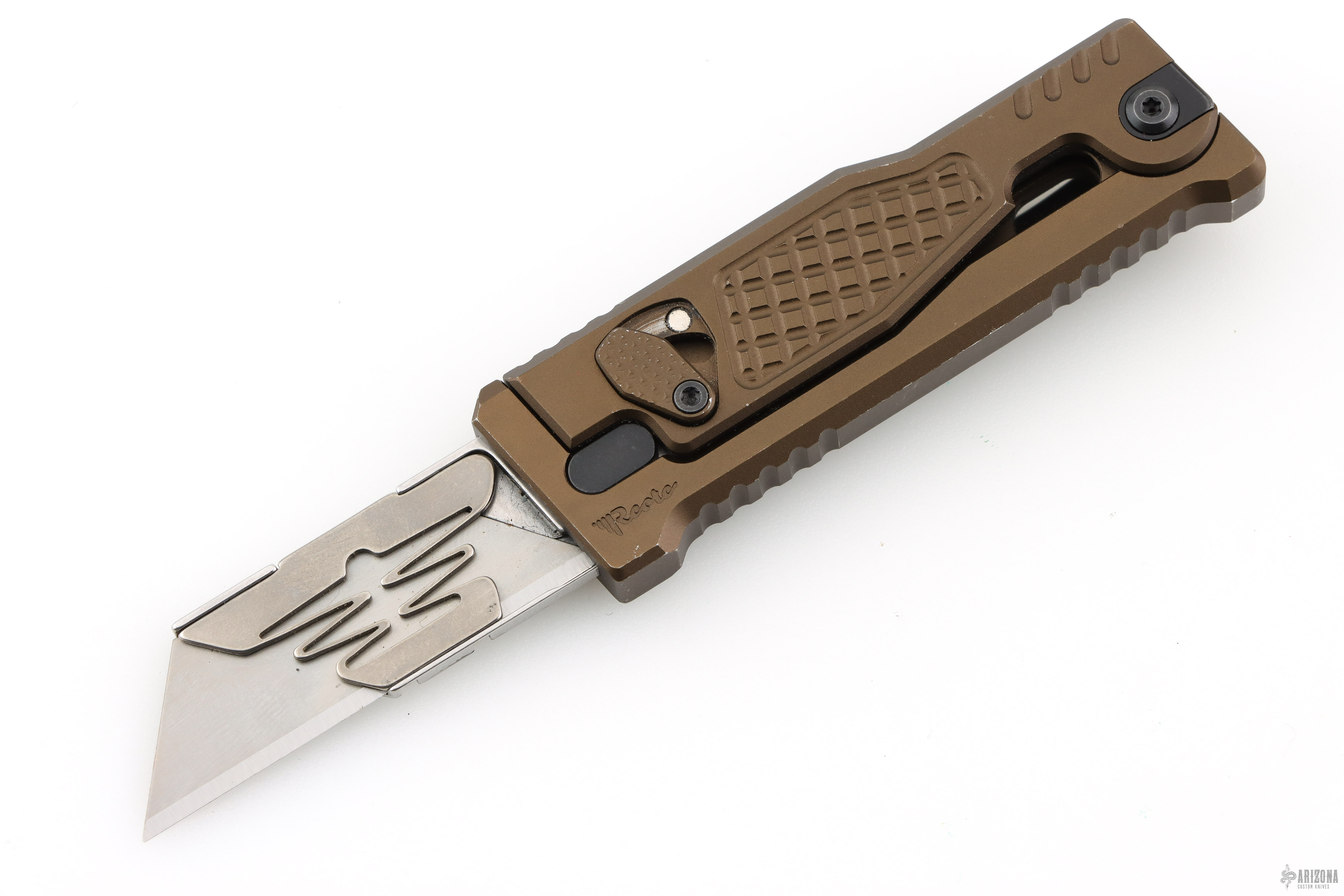 Reate EXO-U Gravity Knife Tan Diamond Frag Aluminum - Arizona Custom Knives