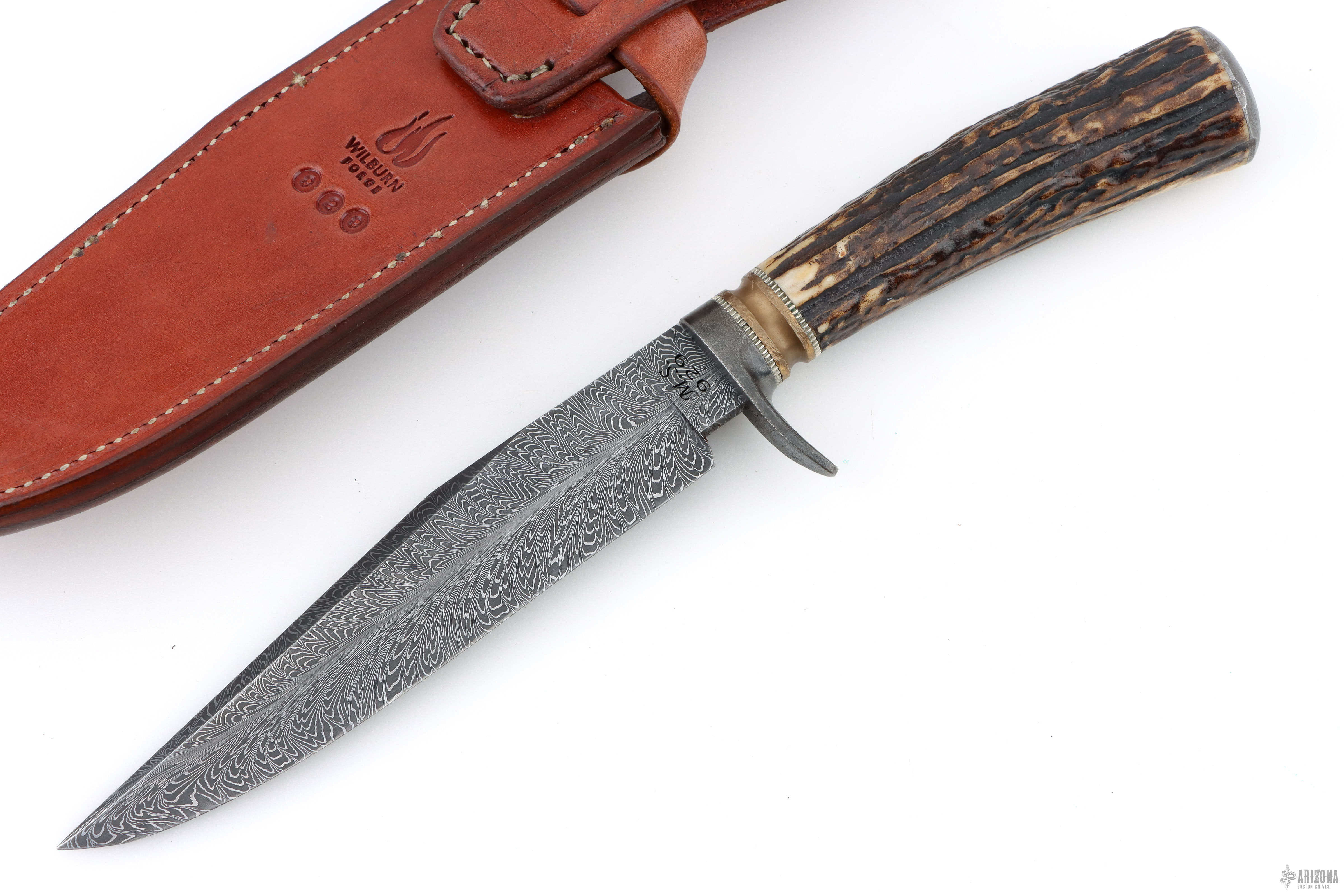Feather Damascus and Stag Fighter - Arizona Custom Knives