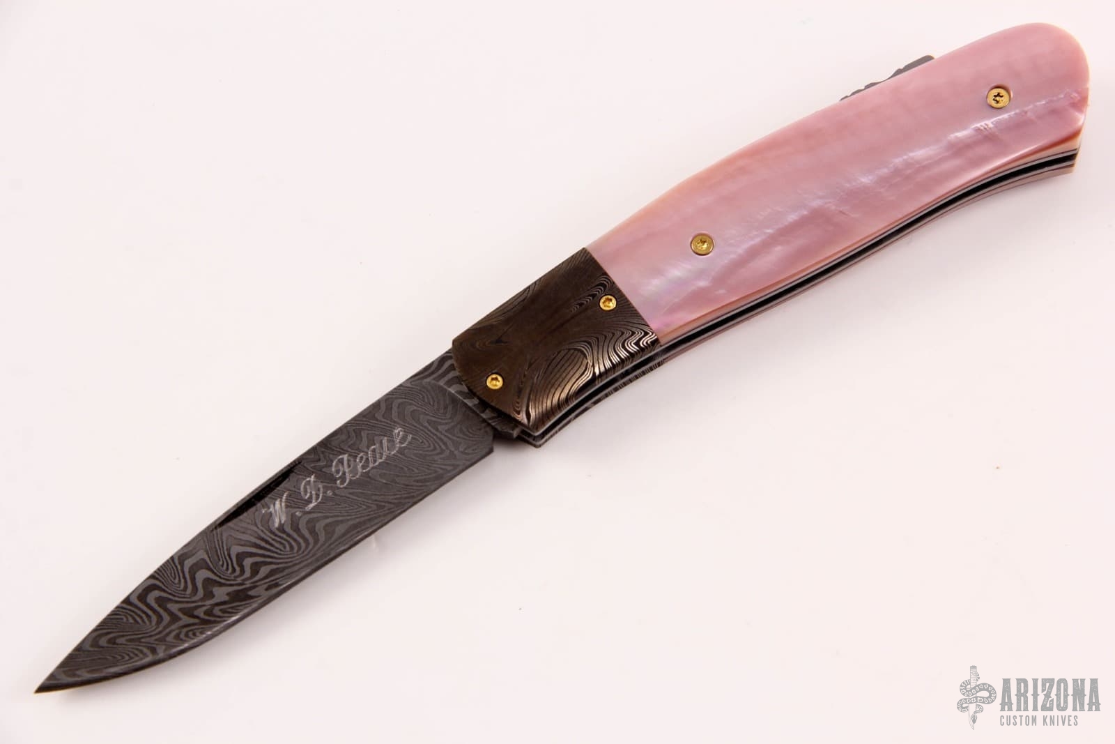 Pink Pearl and Damascus Lockback - Arizona Custom Knives