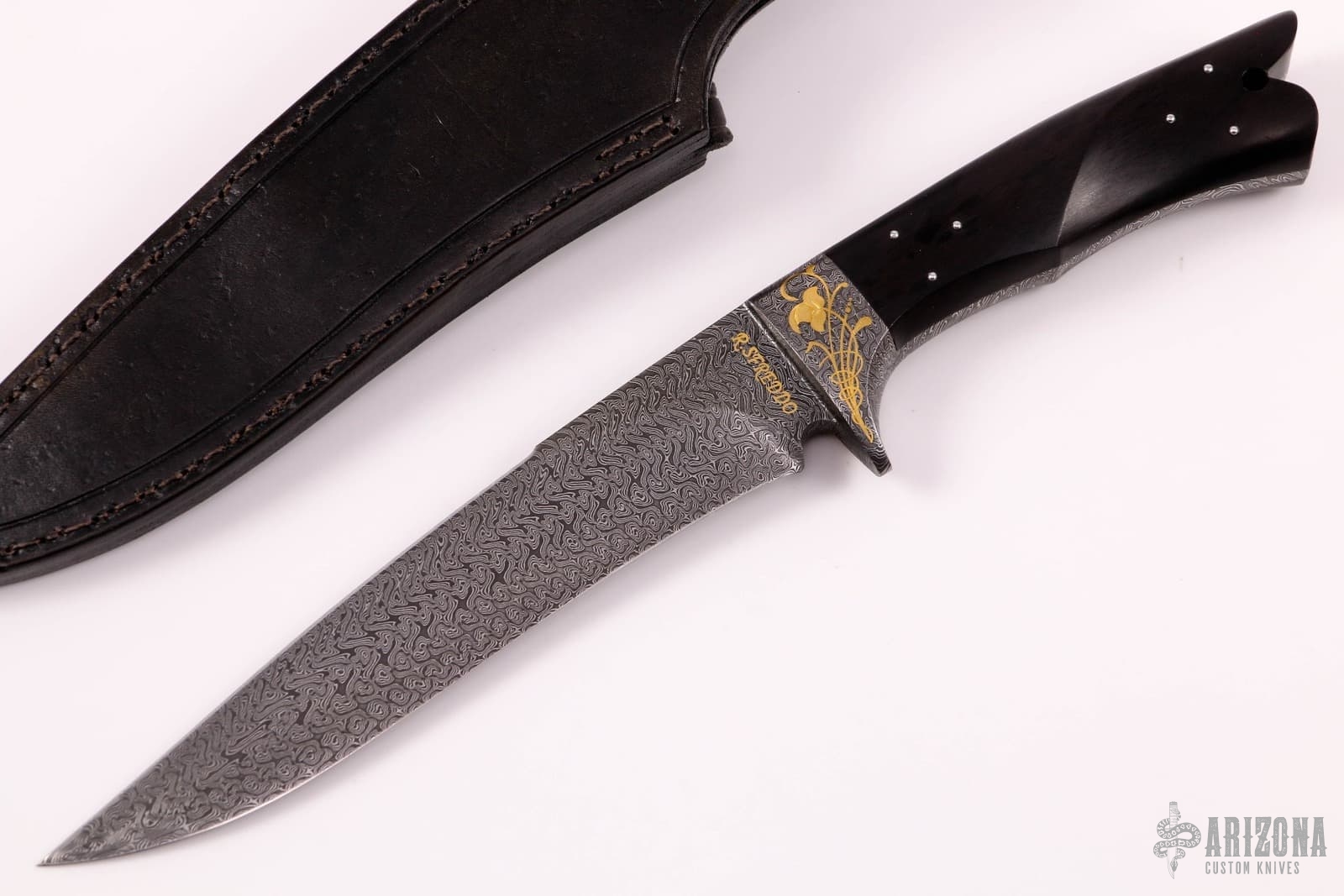 Gold Engraved Damascus Fighter - Arizona Custom Knives