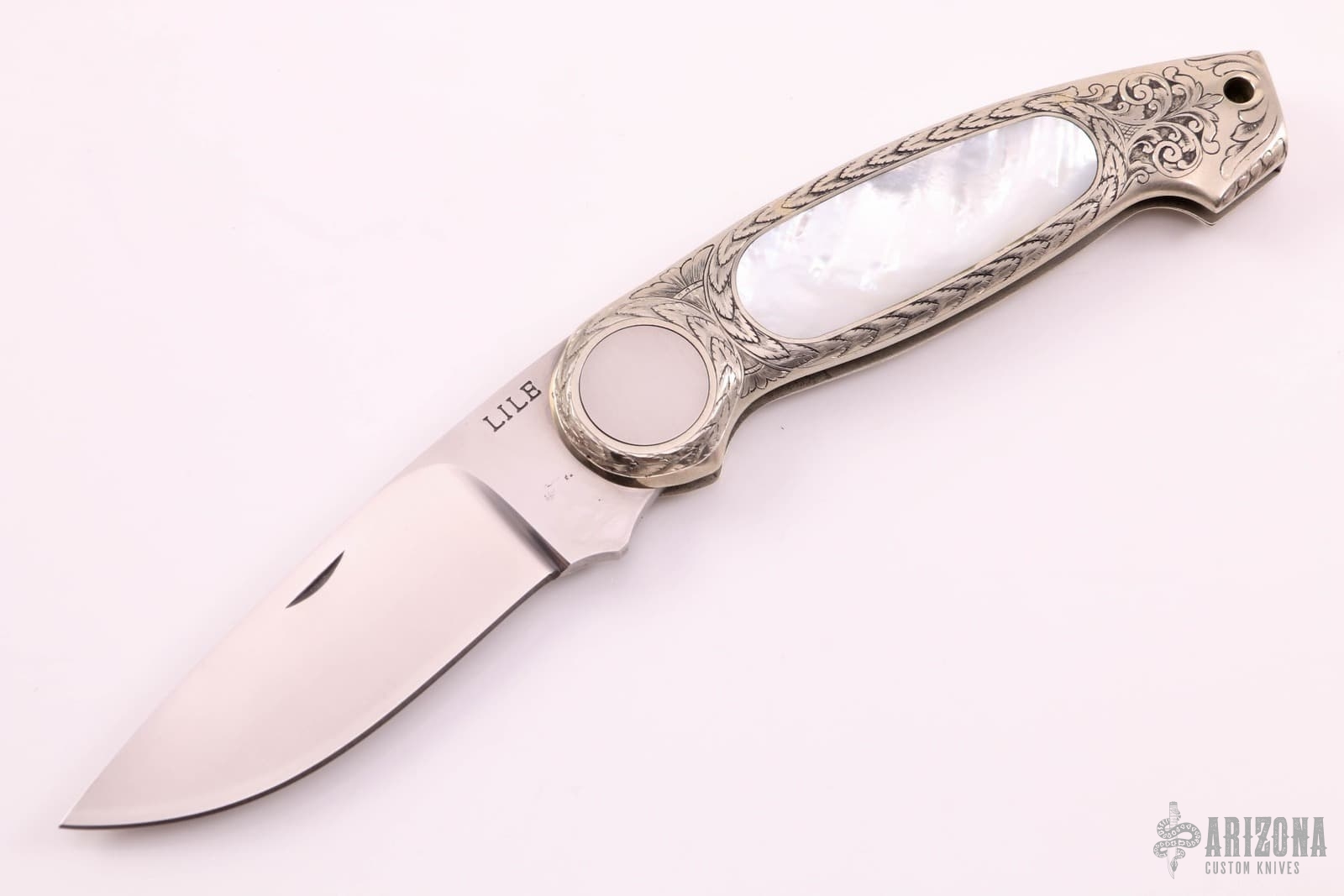 Button Lock #80 - MOP and Engraved by Stewart - Arizona Custom Knives