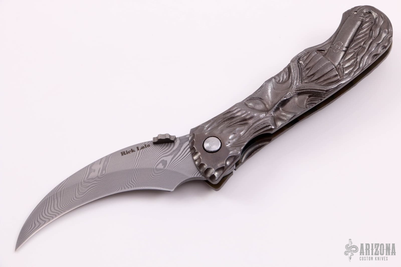 Elvia - Damascus and Carved Titanium - Arizona Custom Knives