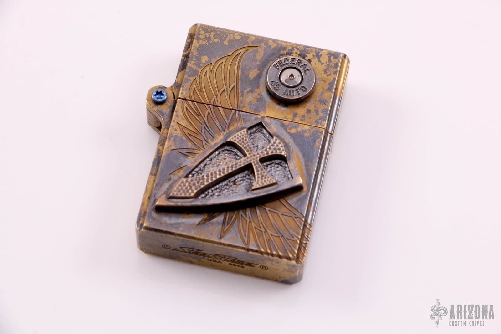 Custom Lighter w/ Crusader Cross and 45ACP - Arizona Custom Knives