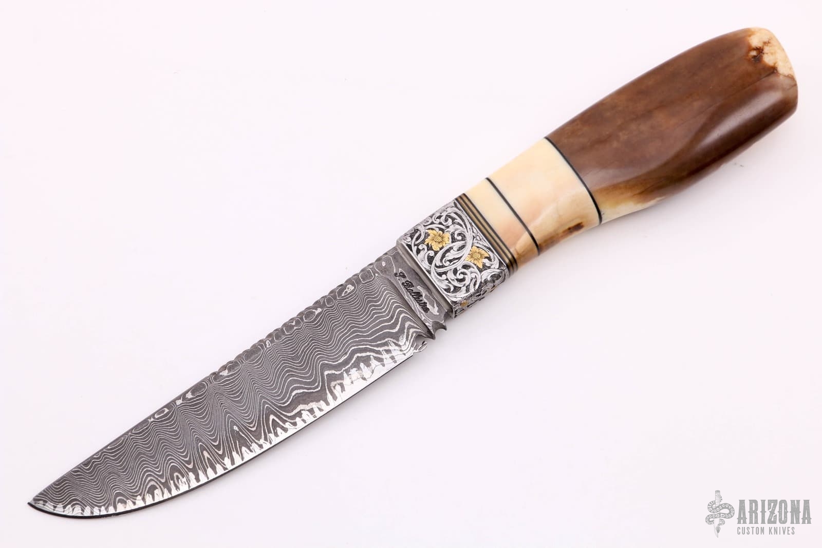 Engraved Damascus and Walrus Ivory Hunter - Arizona Custom Knives