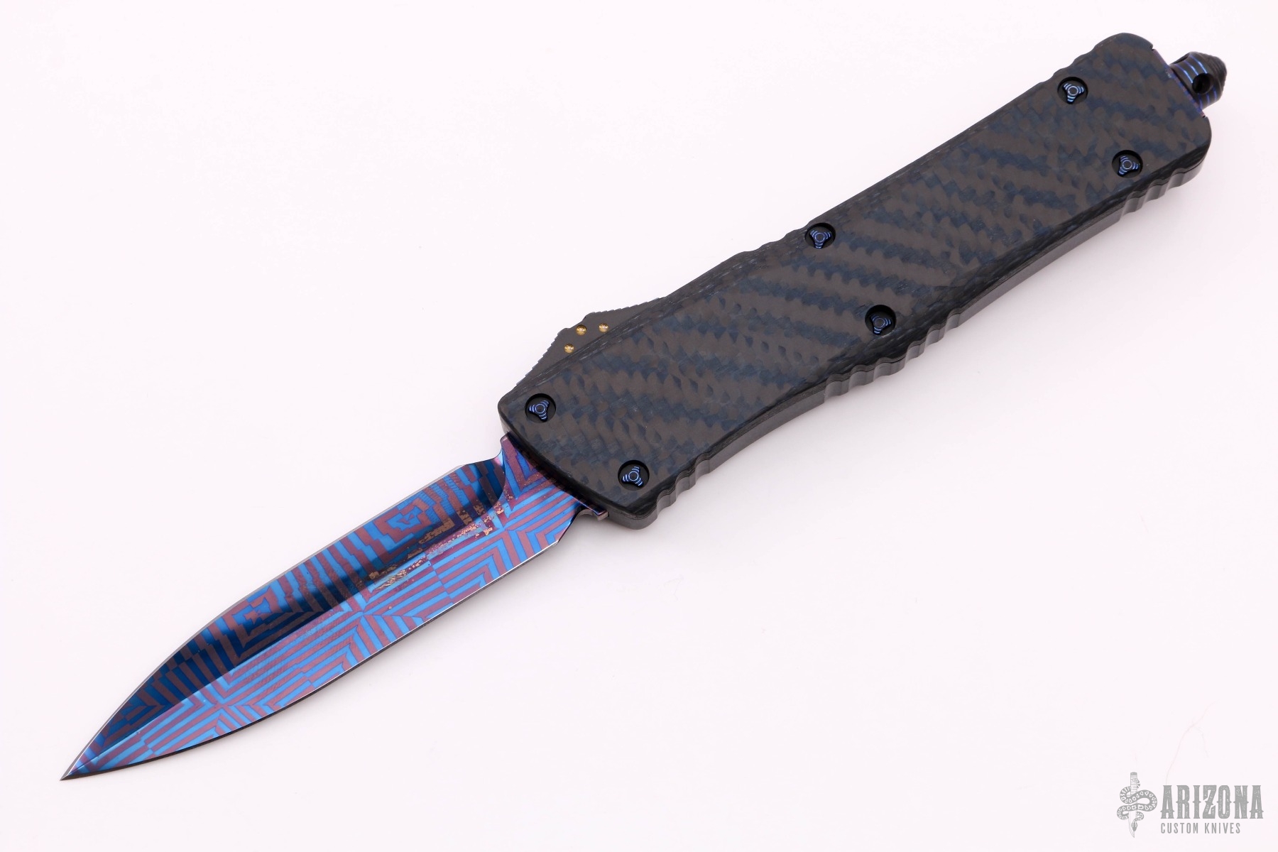 Combat Troodon Double Edge Spike Grind-Blued Mosaic Damascus-Blue Twill ...