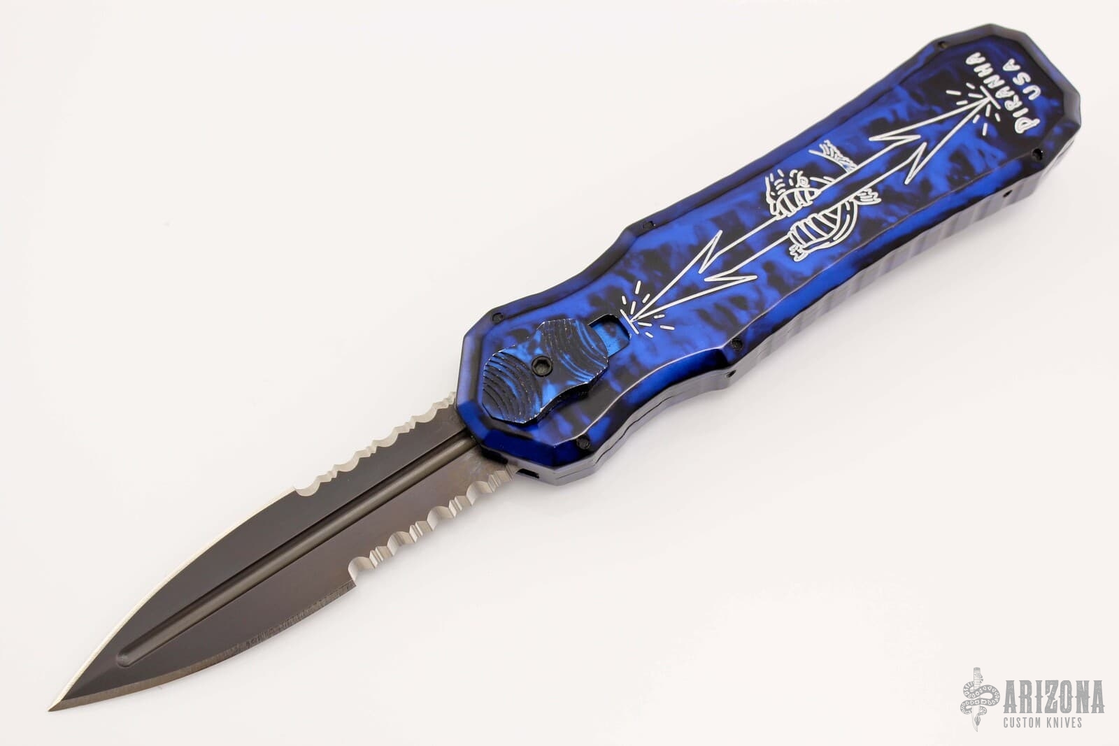 Excalibur OTF - Blue Tactical Serrated - Arizona Custom Knives