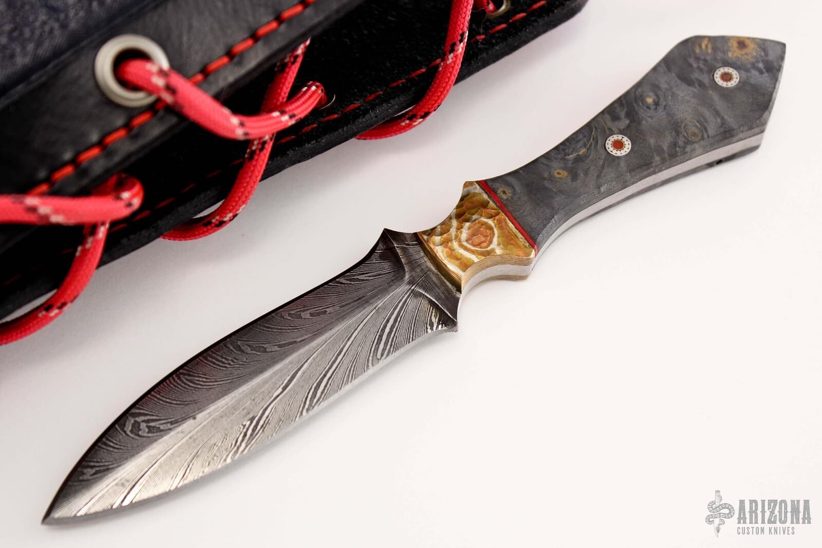 Feather Damascus Dagger and Leather Arm Sheath - Arizona Custom Knives
