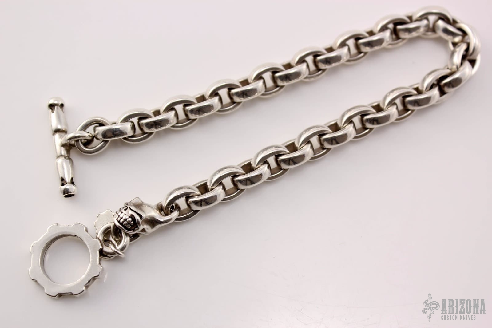 Sterling Silver Link Bracelet w/ Slickster Skull - Arizona Custom Knives