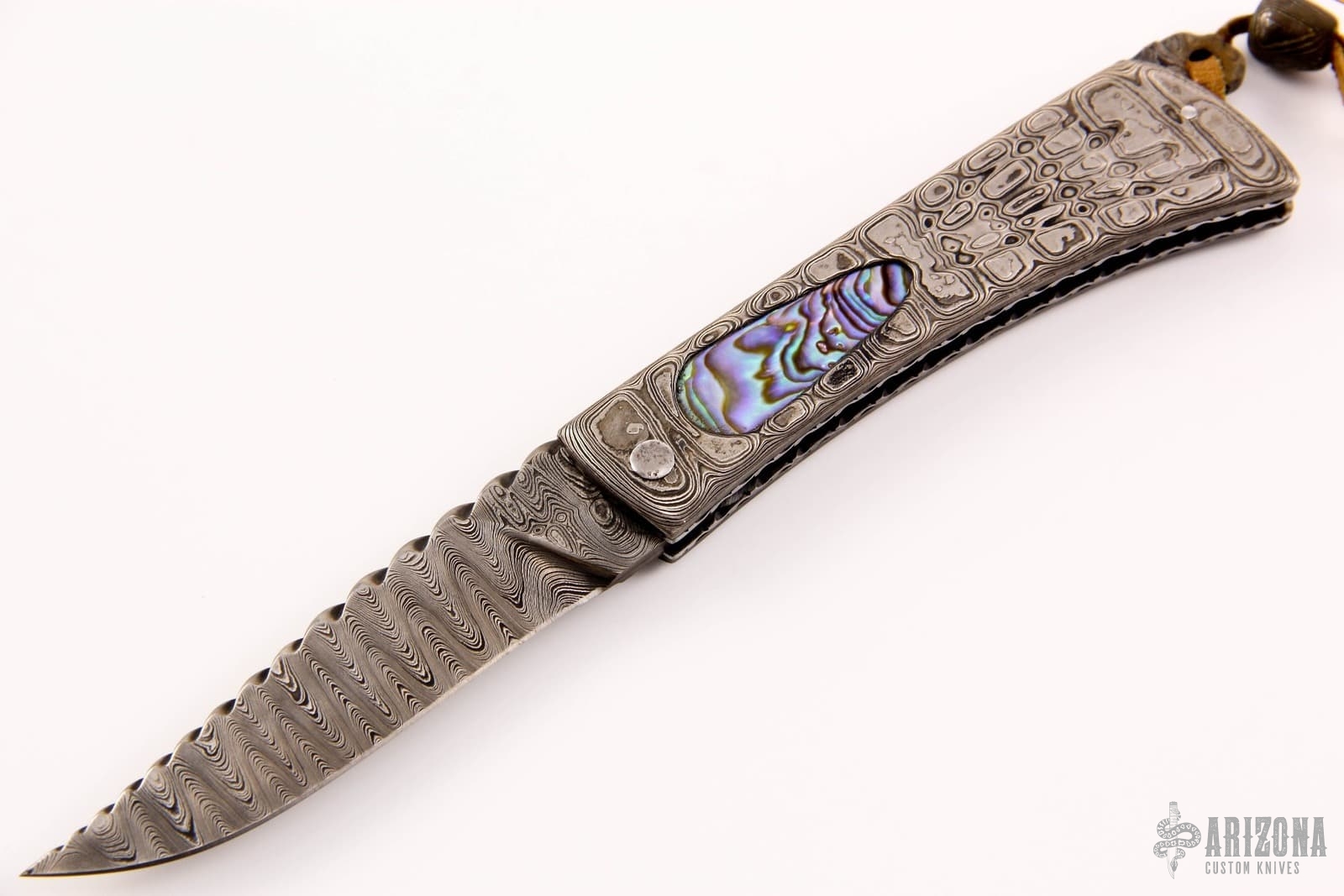Damascus and Abalone Lockback - Arizona Custom Knives