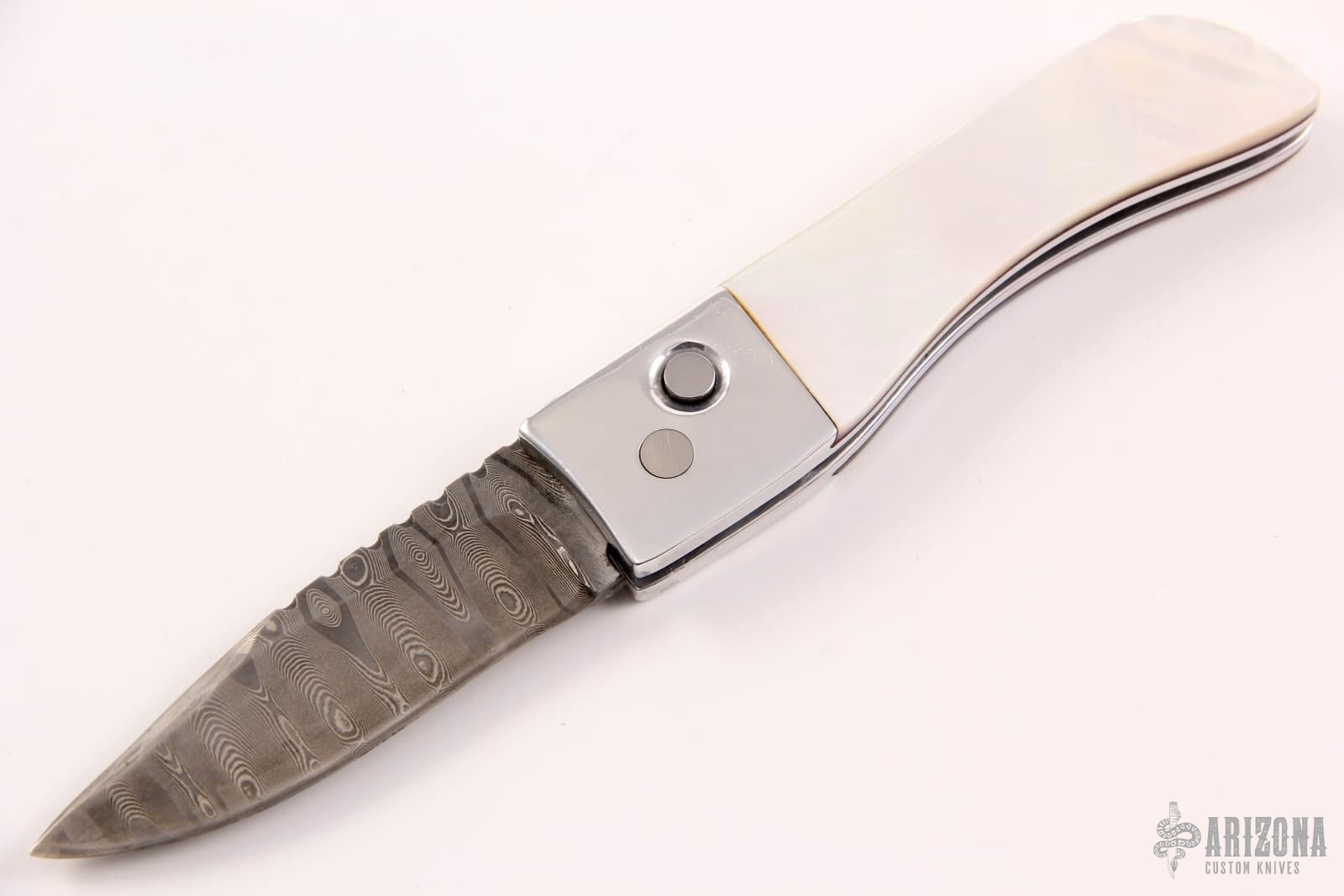 Push Button Automatic with Pearl and Damascus | Arizona Custom Knives