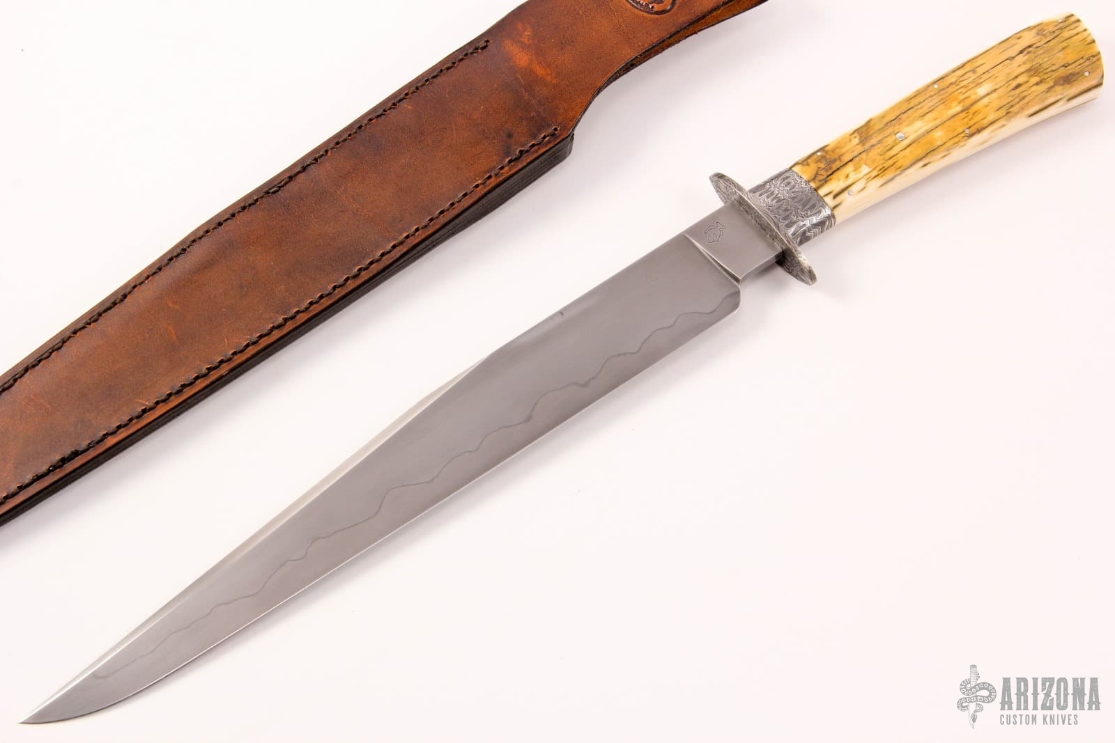 Damascus and Mammoth Bowie w/ Hamon - Arizona Custom Knives