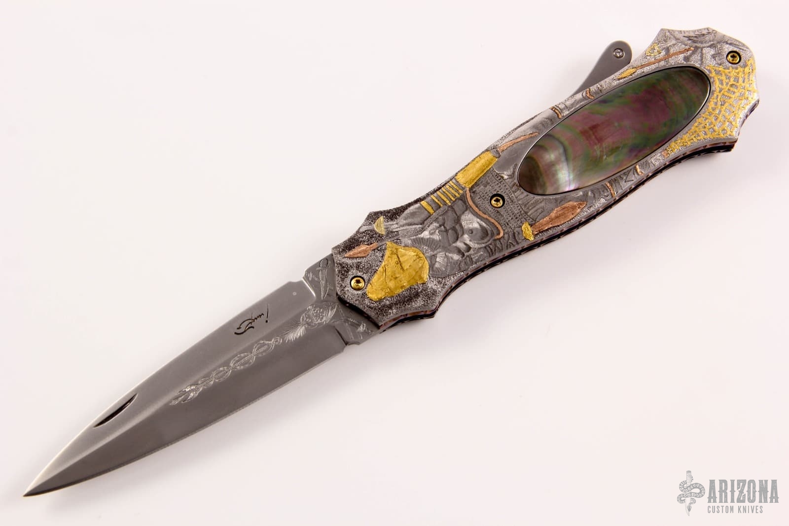 Engraved Folding Dagger - Arizona Custom Knives