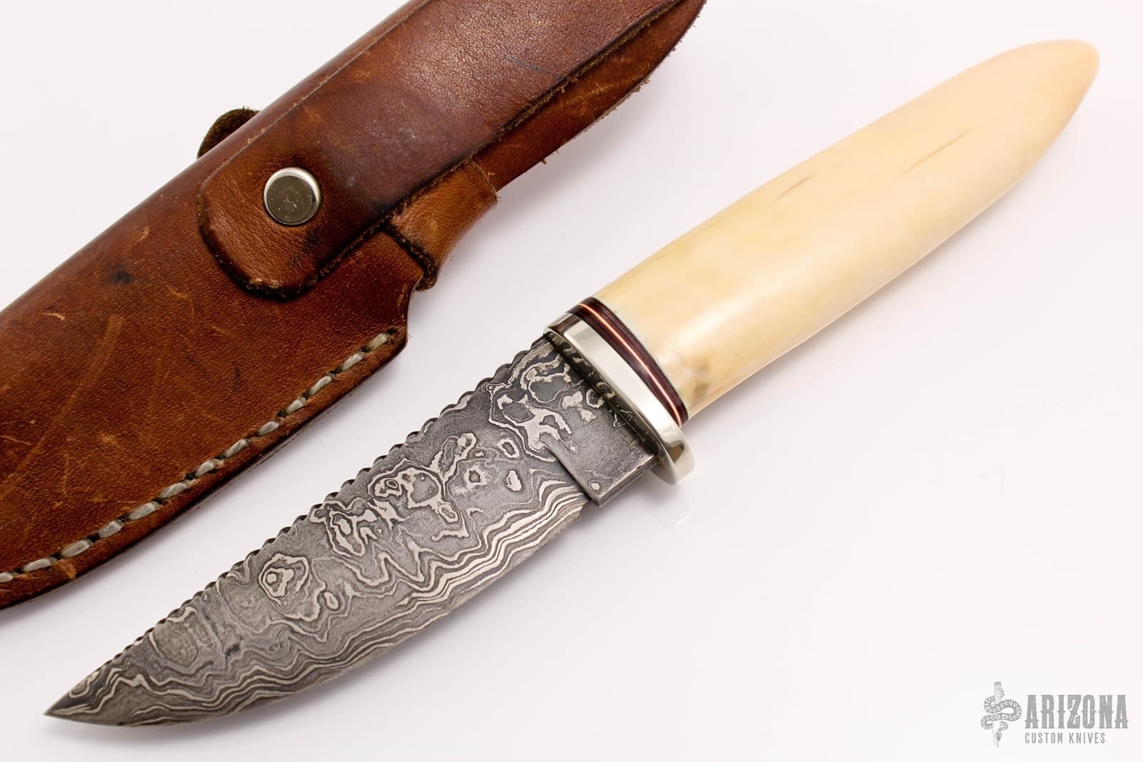 Damascus and Fossil Walrus Ivory Hunter - Arizona Custom Knives